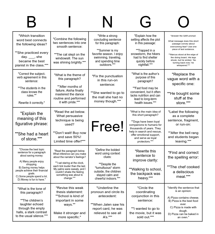 STAAR Review Bingo Card