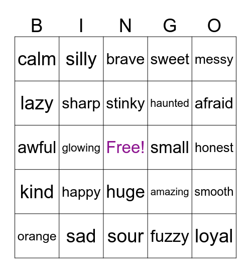 Adjectives Bingo Card