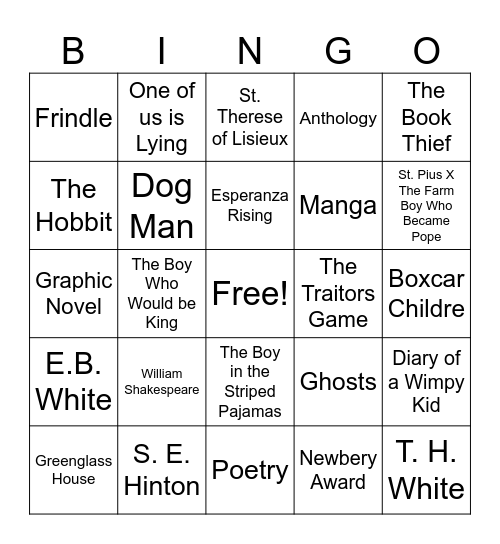 Literature Bingo Card