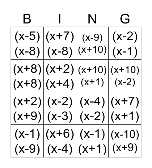 Factoring Polynomials Bingo Card