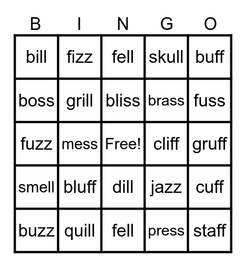 Words with FLSZ Spelling Rule (Lesson 42) Bingo Card
