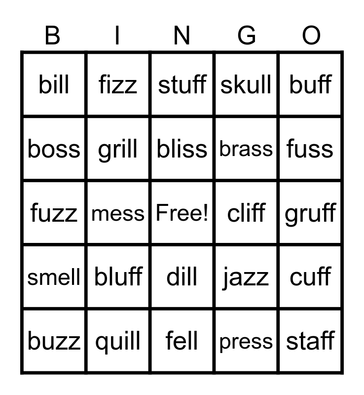 Words with FLSZ Spelling Rule (Lesson 42) Bingo Card
