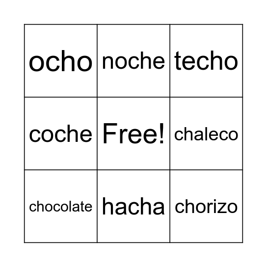 Palabras con ch che chi cho chu Bingo Card