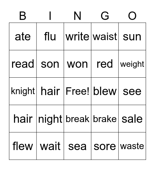 Homophones Bingo Card