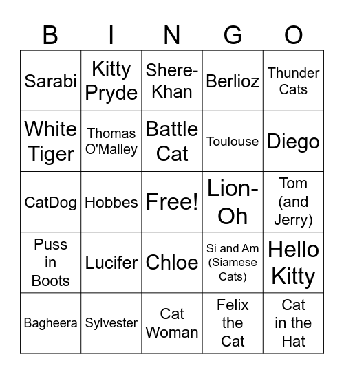 Fictional Kitty Cat Bingo Card