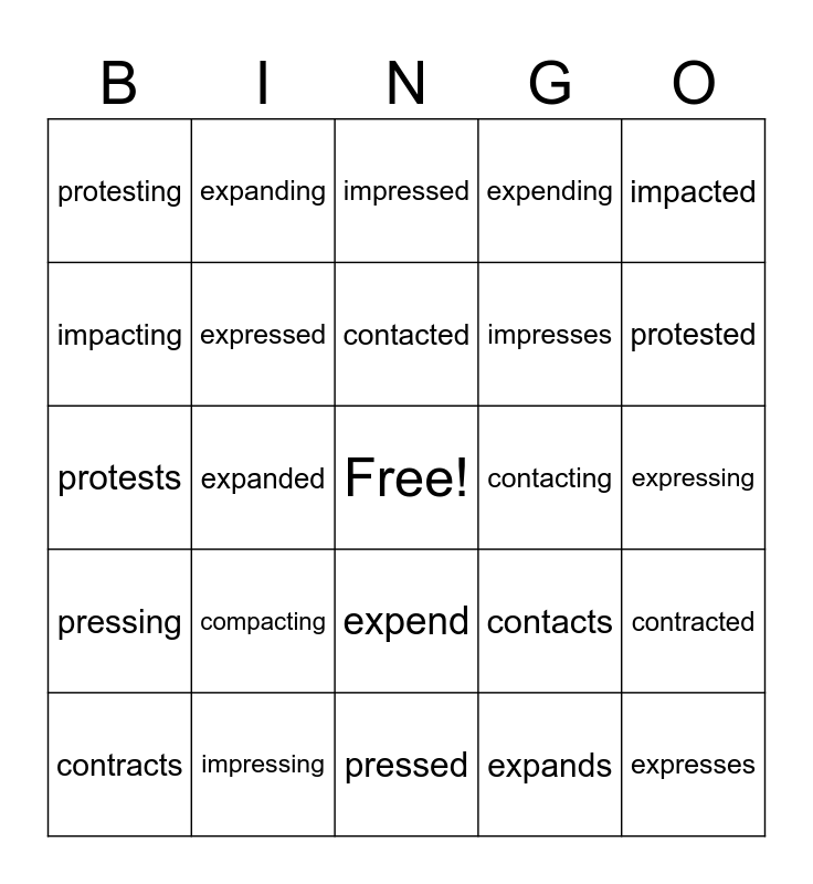 Suffixes -ing, -ed, -es, -s Bingo Card