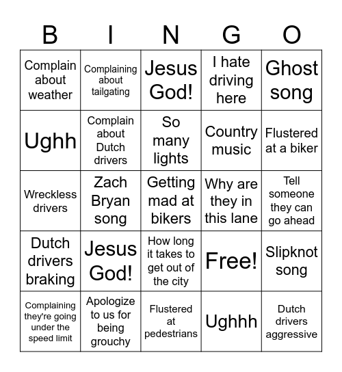 Dad driving Bingo Card