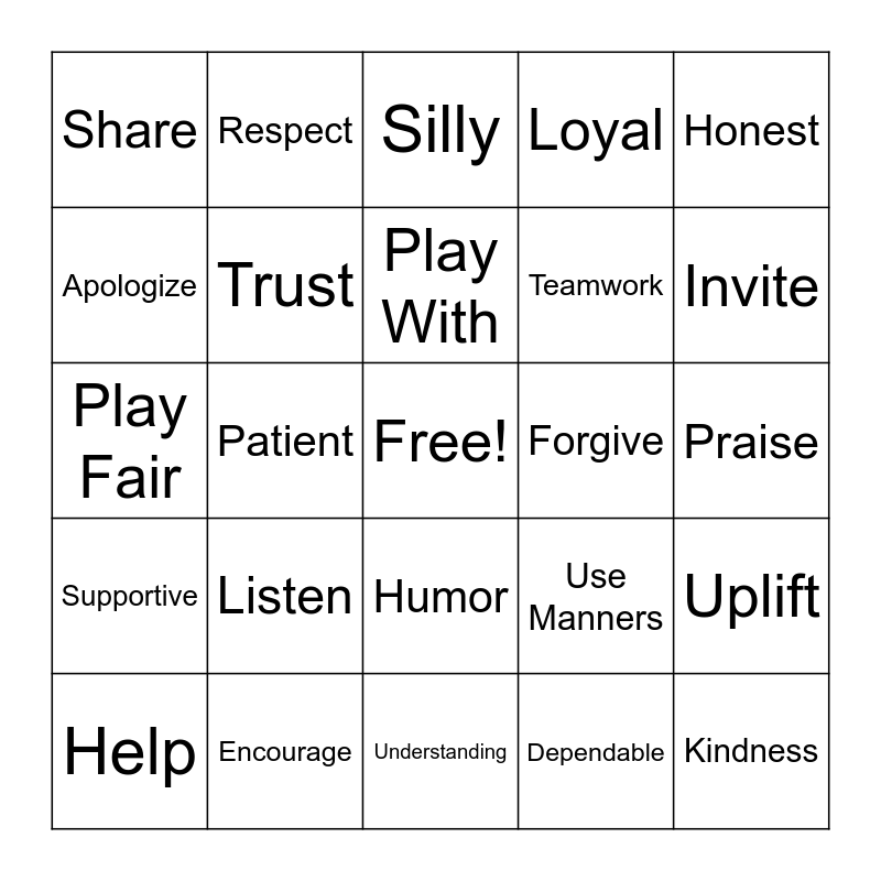 Friendship Bingo Card