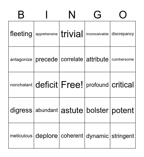 Academic Vocabulary #1 Bingo Card