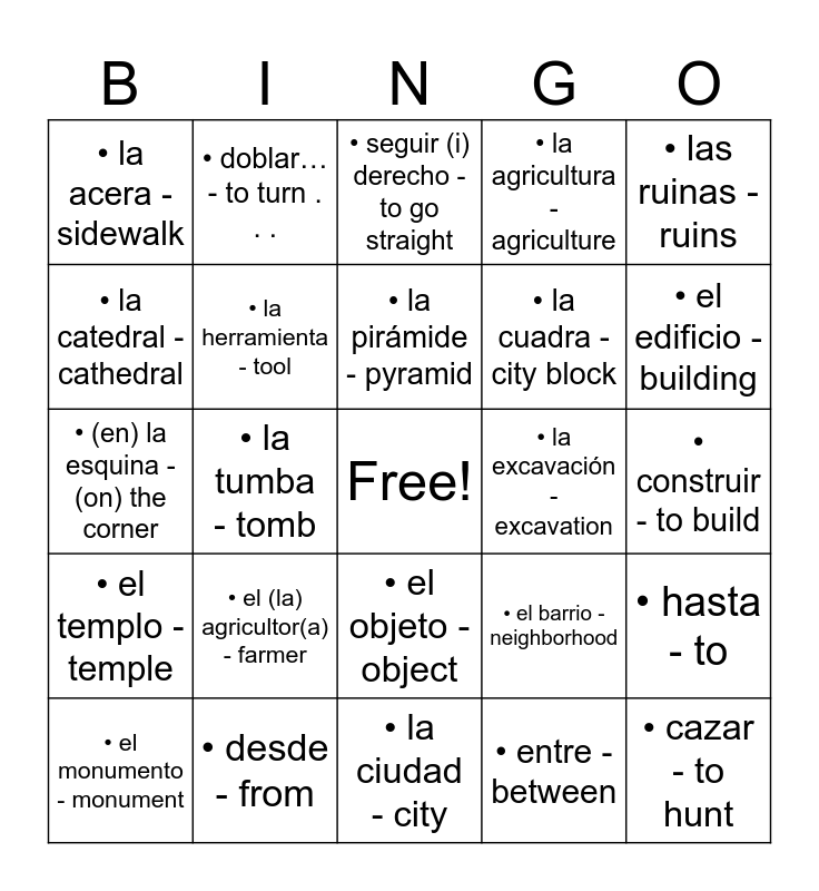 Avancemos 2 4.2 Bingo Card
