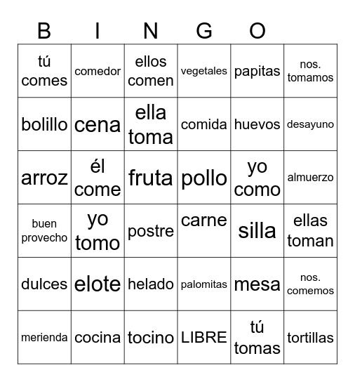 Comida Bingo Card