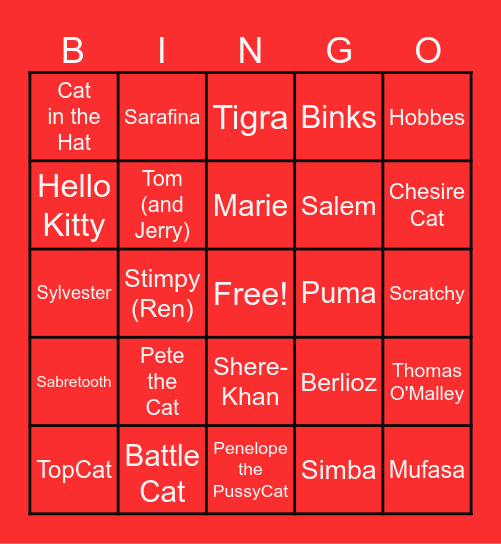 Fictional Kitty Cat Bingo Card