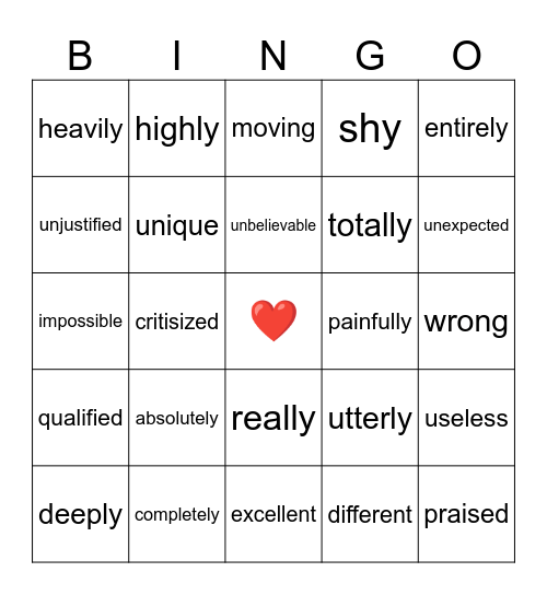 Adverb-/Adjective collocations Bingo Card