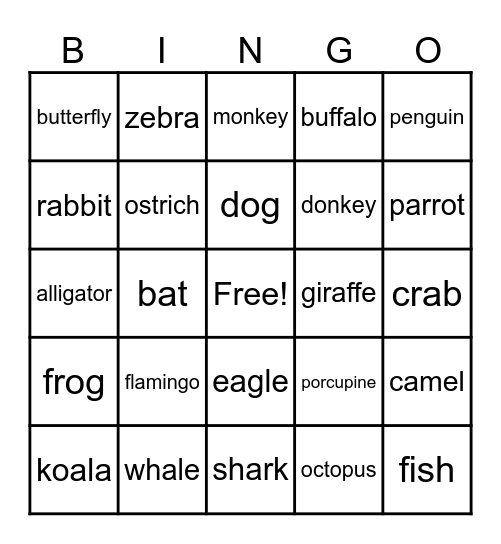 Animal Bingo Card