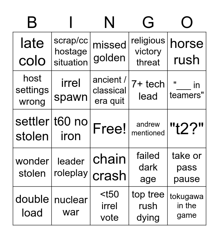 civ 6 bingo Card