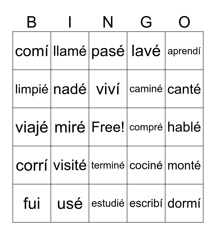 El preterito (past tense) Bingo Card