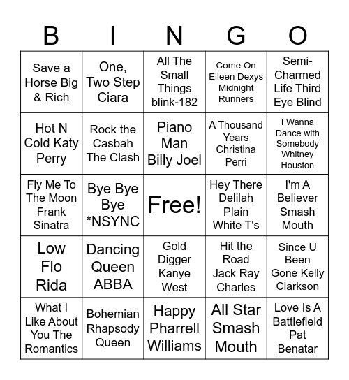 Sing a long songs Bingo Card