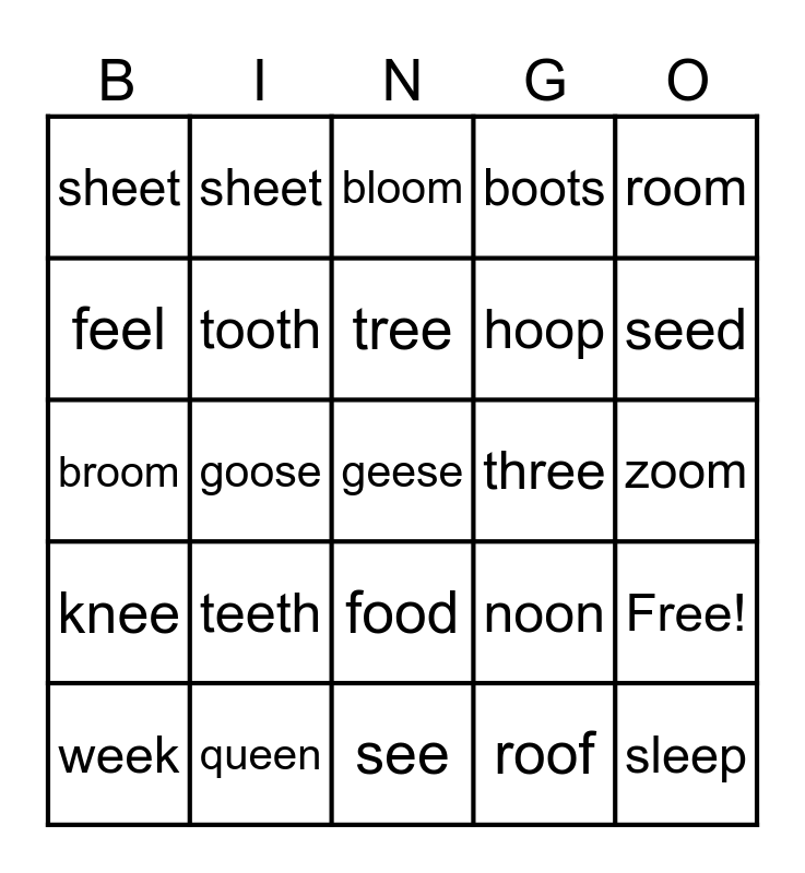 ee and oo words Bingo Card