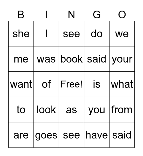 Heart Word Bingo Card