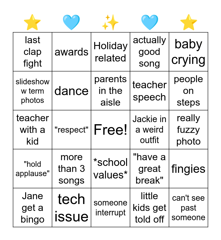 T1 Yr 10 Assembly Bingo Card