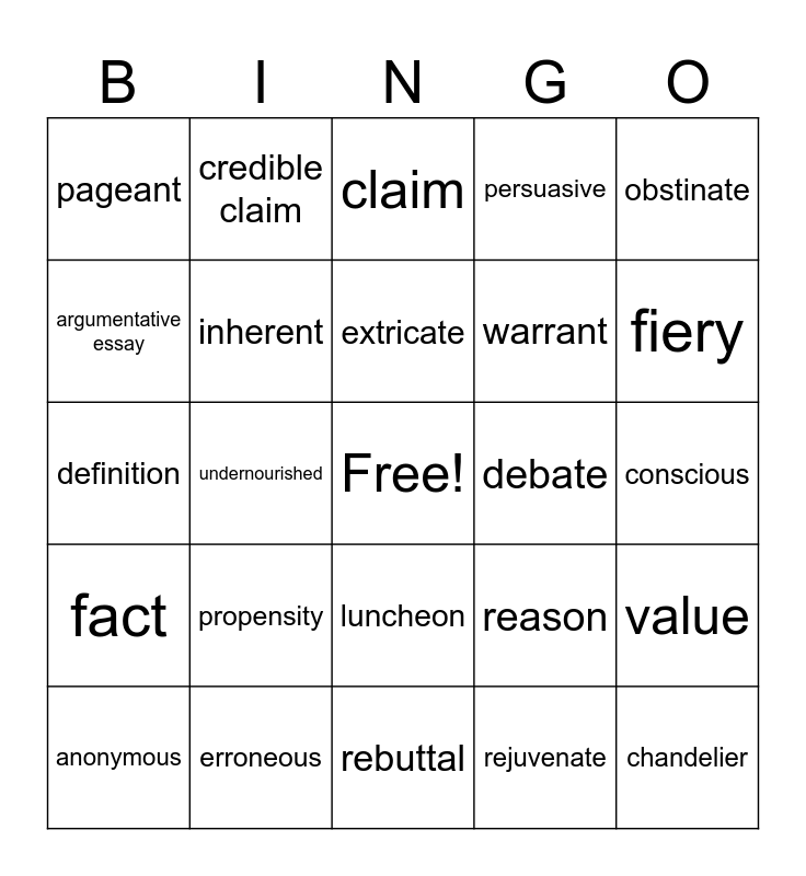 Argumentative Terms and Week 24 Spelling Words Bingo Card