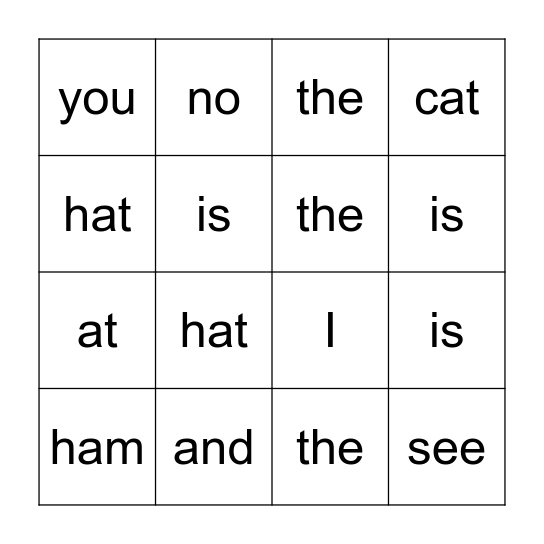 Sight Word Bingo Card