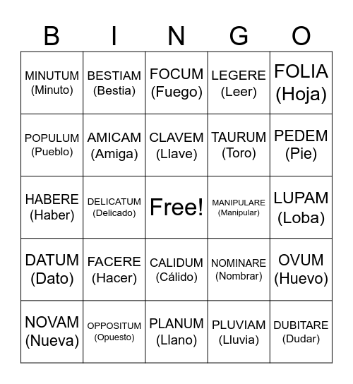 BINGO DE LATÍN CASTELLANO Bingo Card