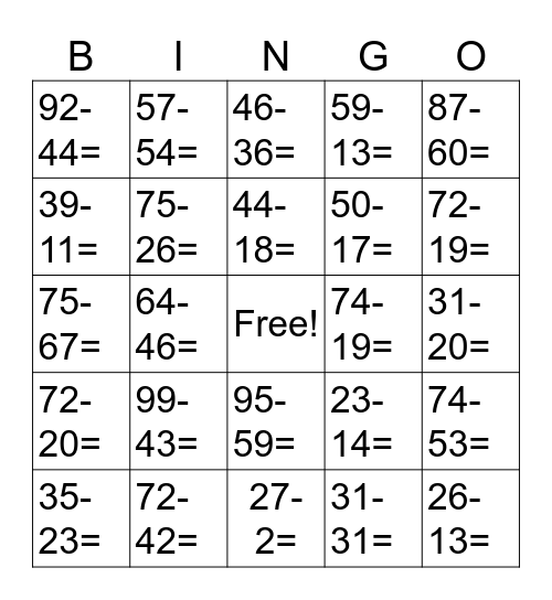 Subtraction Bingo Card