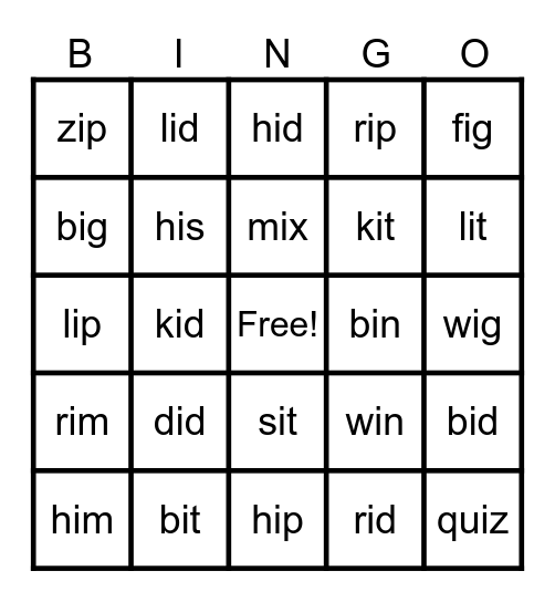 Words with Short I (Lesson 36A) Bingo Card