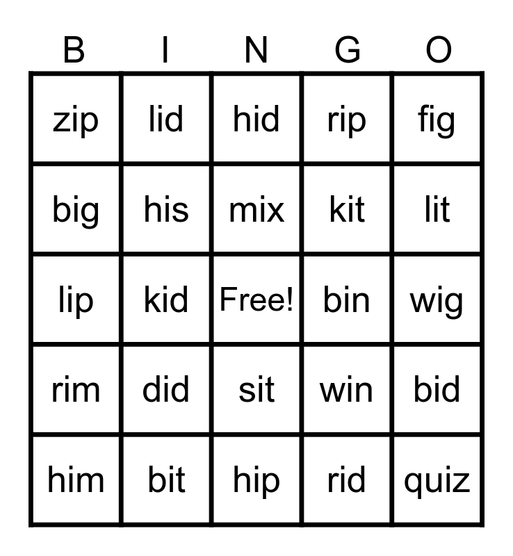 Words with Short I (Lesson 36A) Bingo Card