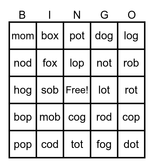 Words with short o - Lesson 37A Bingo Card