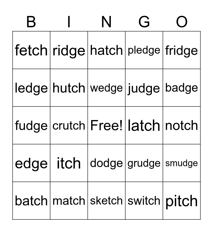 -tch and -dge Words Bingo Card