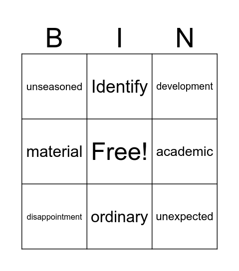 Multisyllabic Word Bingo Card