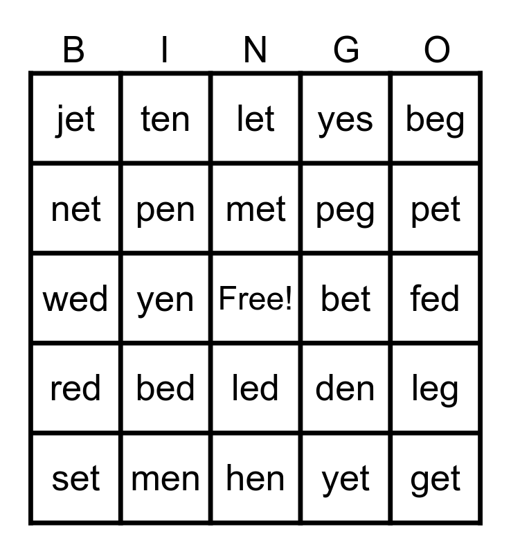 Short e Review - (Lesson 40A) Bingo Card