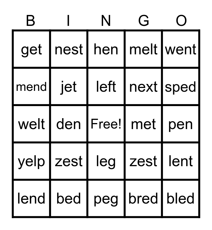 Short e Advanced (Lesson 40B) Bingo Card