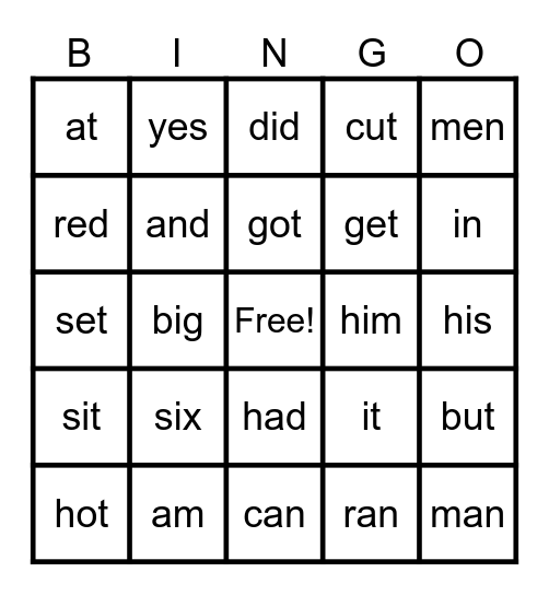 Short Vowels Review w/cvc words (Lesson 41A) Bingo Card