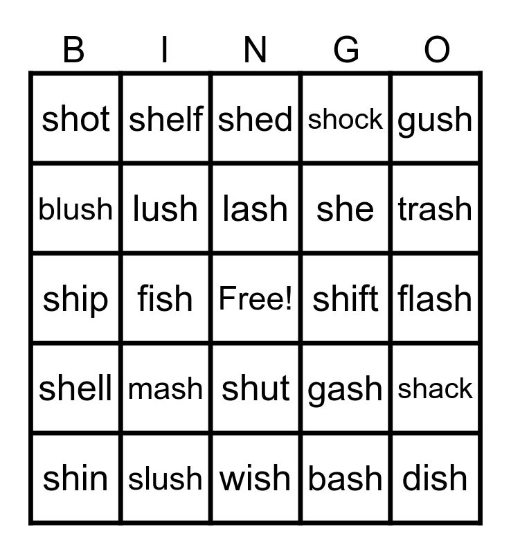 Words with sh /sh/: (Lesson 45) Bingo Card
