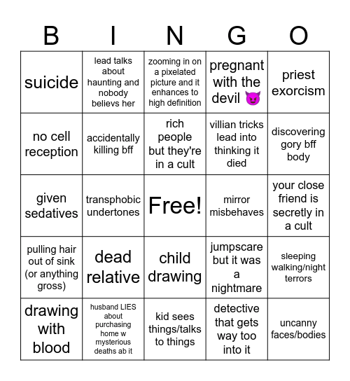 Horror movie tropes Bingo Card