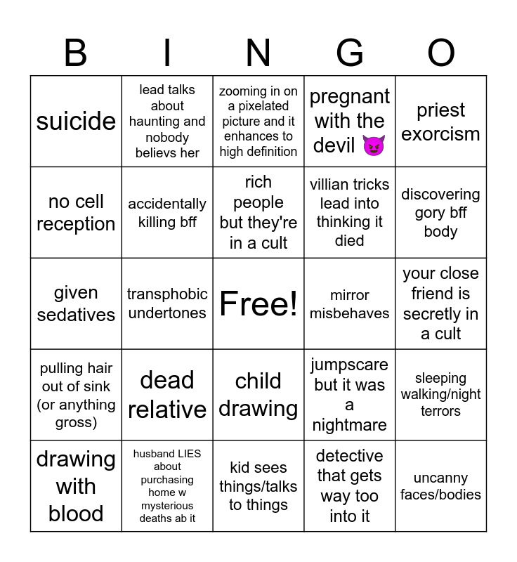 Horror movie tropes Bingo Card