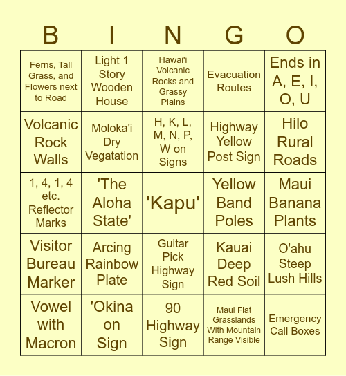 Hawaii Bingo Card