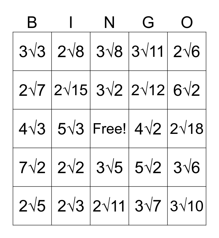 Simplifying Radicals Bingo Card