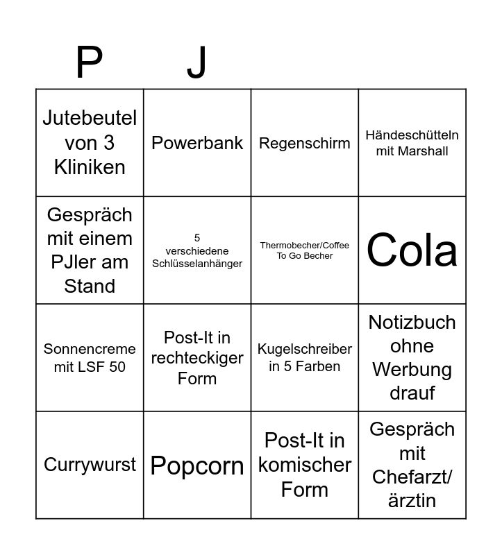 PJ Tag Bingo Card