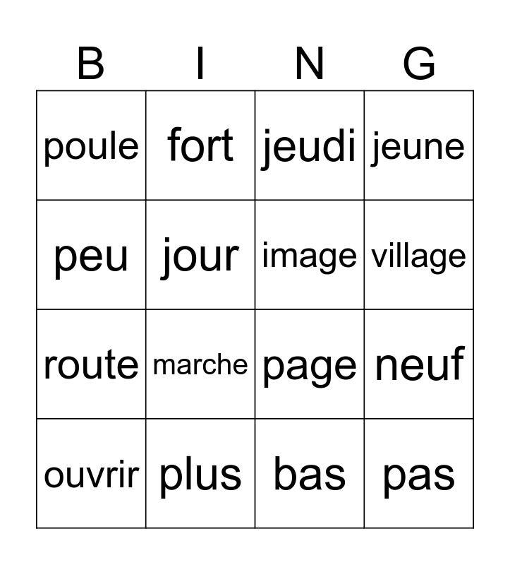 bingo de mots Bingo Card