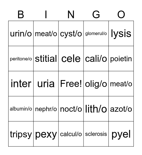 Urinary System Bingo Card