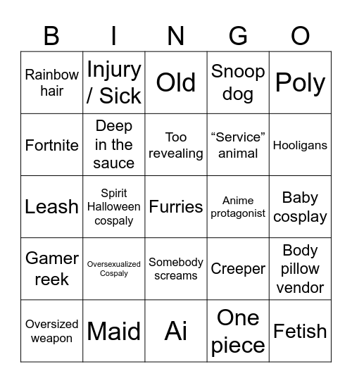 Comic con Bingo Card