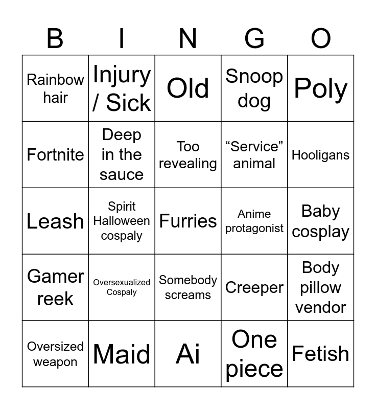 Comic con Bingo Card