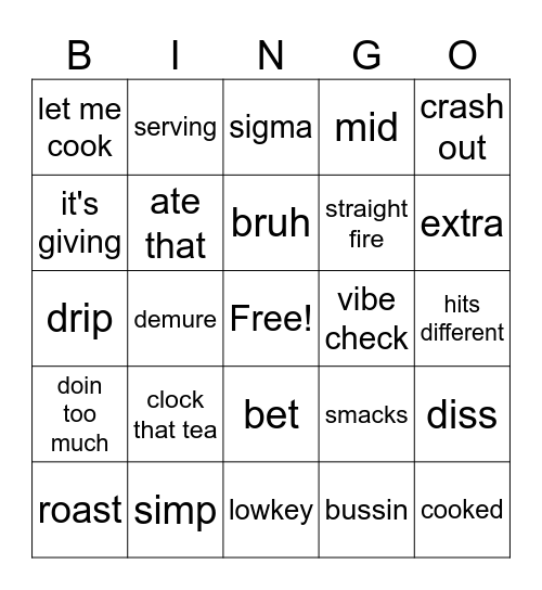 Tween Slang Bingo Card