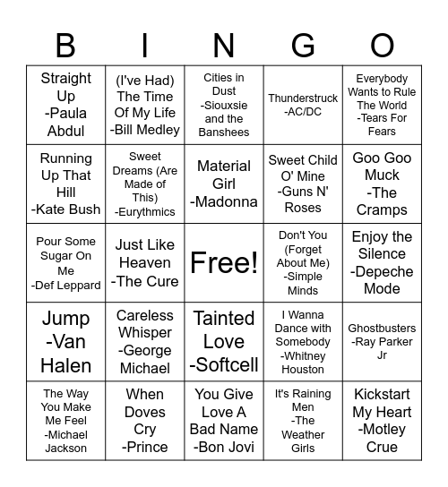 80's Bingo Card