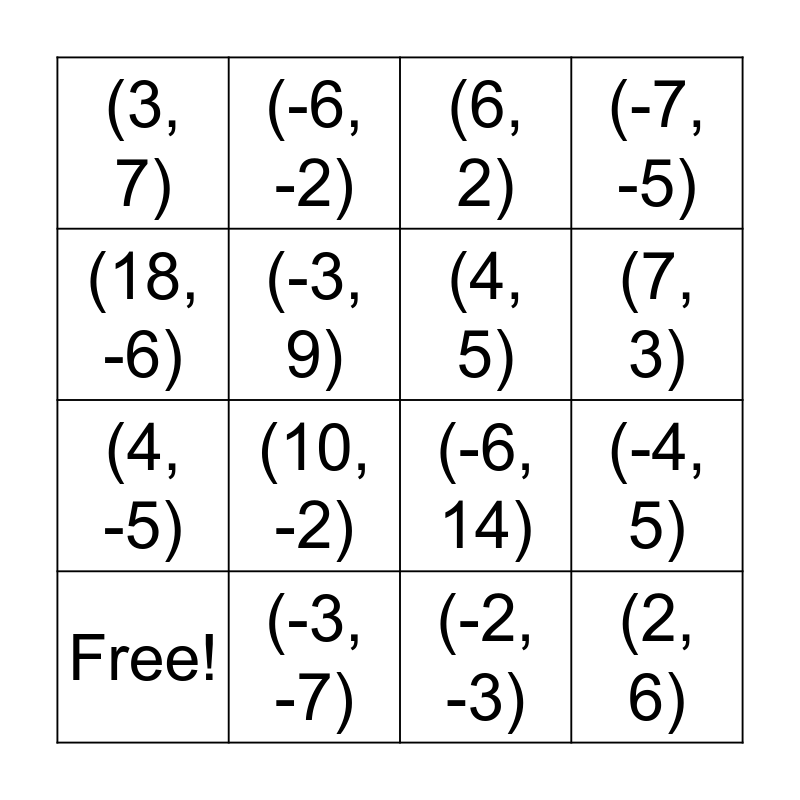 Transformations Bingo Card