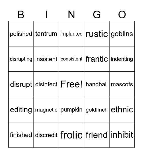 Just Words Unit 5 End Bingo Card